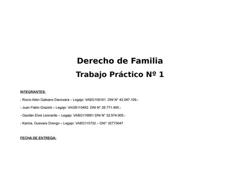 TP Derecho DE Familia TP FLIA Derecho de Familia Trabajo Práctico
