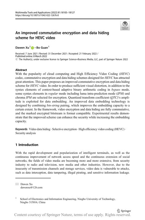 an improved commutative encryption and data hiding scheme for hevc video