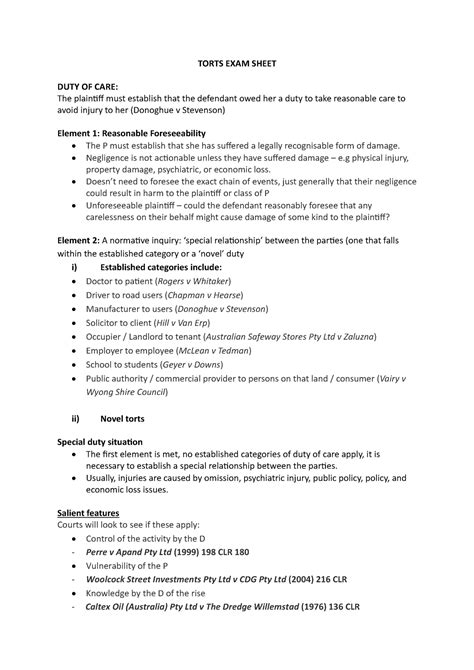 Torts Exam Sheet Exam Notes Torts Exam Sheet Duty Of Care The
