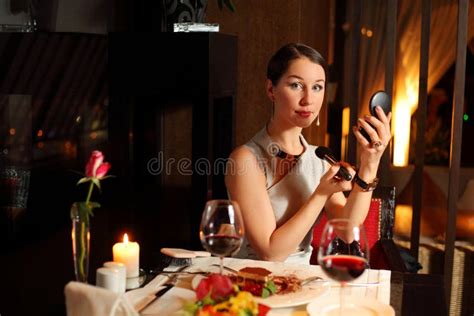 Girl Looking In The Mirror And Puts Makeup Stock Image Image Of