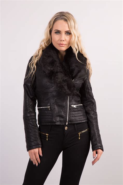 Womens Synthetic Leather Detachable Faux Fur Collar Sexy Biker Jacket