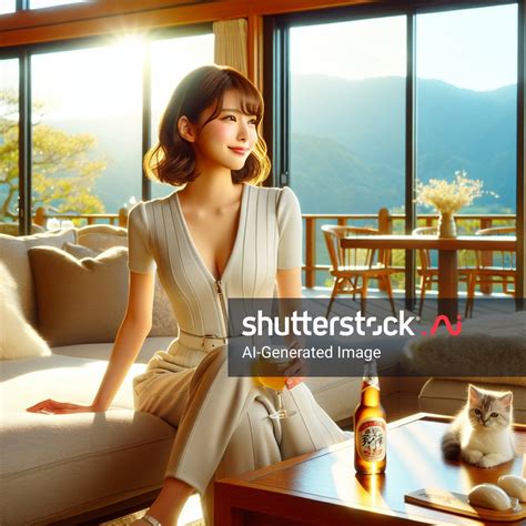 Bokeh Photo 在一個明亮的客廳中一位甜美的年輕日本女孩優雅地坐在豪華的沙發上寬敞的窗戶張開陽光灑進室內營造出一種迷人的氛圍女孩身穿一襲合身的連身衣突顯她的身形展現出時尚和可愛的風格她