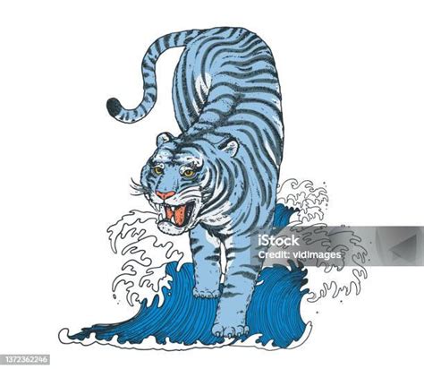 푸른 물 호랑이 등반 호랑이와 바다 파도 야생 고양이빈티지 일러스트레이션 손으로 그린 벡터 그림 공격성에 대한 스톡 벡터 아트 및 기타 이미지 Istock