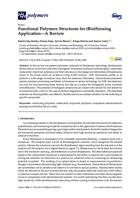 Pdf Functional Polymers Structures For Biosensing Application—a Review