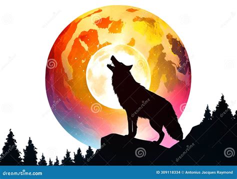 Silhouette Of Howling Wolf With Full Moon Background Stock Illustration