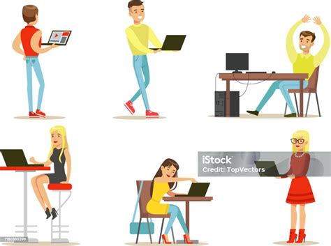 노트북 컴퓨터 세트를 사용하는 사람들 젊은 남자와 여자 작업 통신 및 서핑 인터넷에 자신의 컴퓨터 벡터 일러스트 개념에 대한 스톡 벡터 아트 및 기타 이미지 Istock