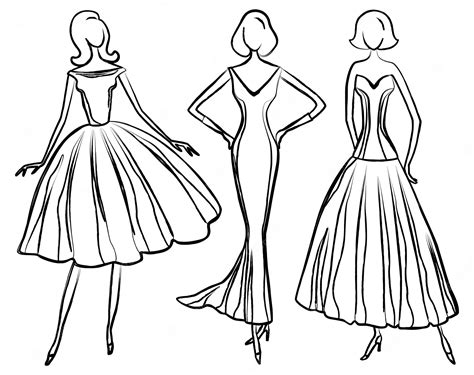Dibujo De Contorno De Mujeres Elegantes En Vestidos De Noche Vector