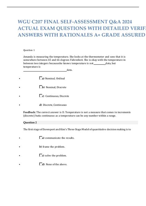Wgu C207 Final Self Assessment Qanda 2024 Actual Exam Questions With