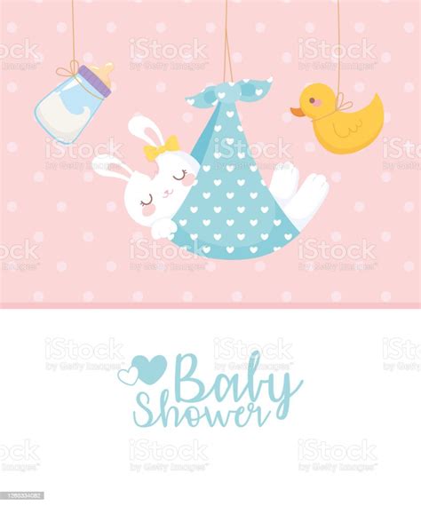 베이비 샤워 매달려 토끼 오리와 우유 병 환영 신생아 축하 카드 0명에 대한 스톡 벡터 아트 및 기타 이미지 0명 귀여운