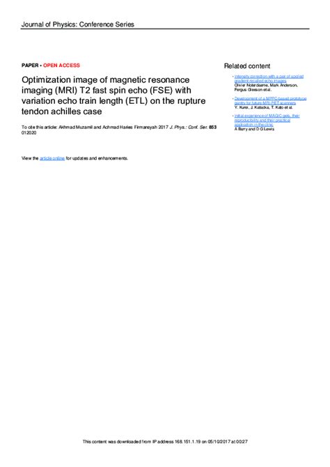 Pdf Optimization Image Of Magnetic Resonance Imaging Mri T2 Fast Spin Echo Fse With