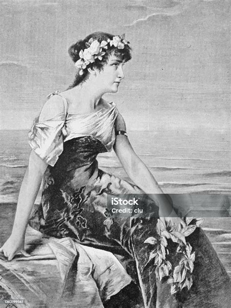 그녀의 머리에 꽃화환을 가진 젊은 여자는 꿈에 앉아 바다 새긴 이미지에 대한 스톡 벡터 아트 및 기타 이미지 새긴 이미지 판화 제작물 1880 1889 년 Istock