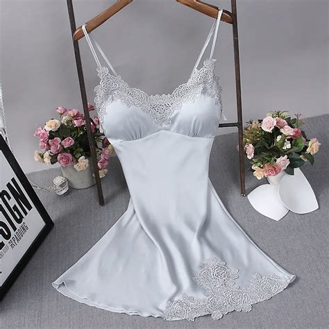 Sexy Frauen Nachthemd Oversize M XL Seidige Satin Spitze Strap Schlaf Kleid Nachtw Sche Hause