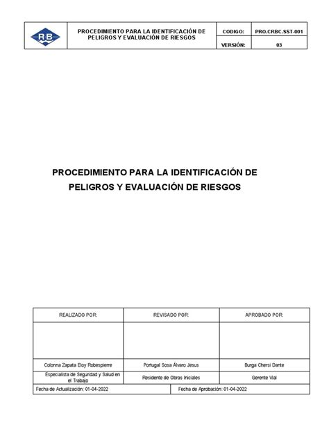 Pro Crbc Sst 001 Procedimiento Iperc Pdf Evaluación De Impacto Ambiental Riesgo