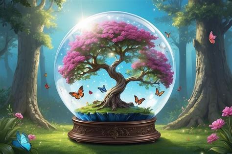 Premium Ai Image Magic Crystal Globe With Spring Tree And Butterflies