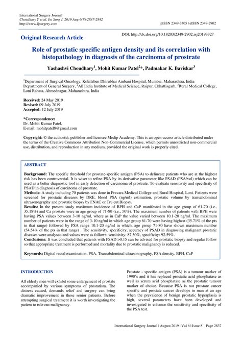 Pdf Role Of Prostatic Specific Antigen Density And Its Correlation With Histopathology In