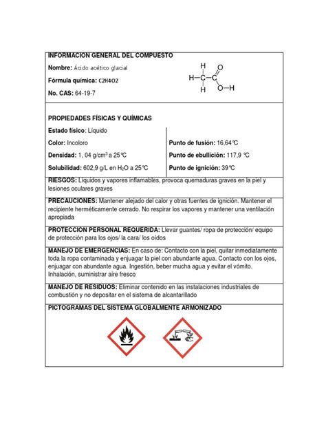 Ficha De Seguridad Acido Acetico Glacial Pdf