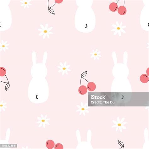 보육원 Seamless 패턴 토끼 와 버찌 아이 배경 치고는 인쇄 월페이퍼 직물 벡터 일러스트 가공의 인물에 대한 스톡 벡터