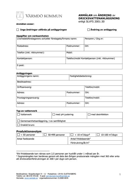 Fillable Online Varmdo ANMLAN Om NDRING Av DRICKSVATTENANLGGNING SLVFS