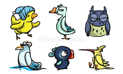 Set Of Cute Funny Colorful Birds With Different Emotions Vector