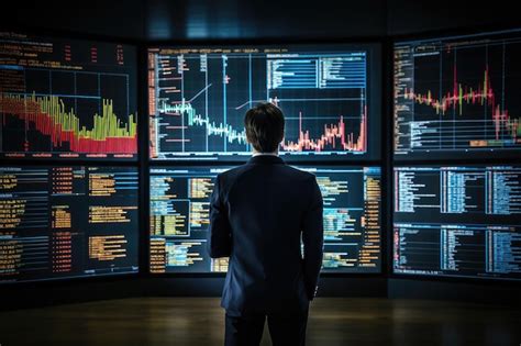 Premium Photo Man Standing In Front Of Wall Of Screens At Command Center Finance Trade Manager
