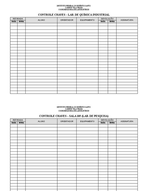 Ficha De Controle De Chaves Pdf Química Ciências Físicas
