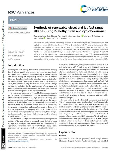 Pdf Synthesis Of Renewable Diesel And Jet Fuel Range Alkanes Using 2