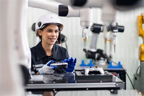 Premium Photo Female Engineer Check And Control Automation Robot Arms Machine In Intelligent