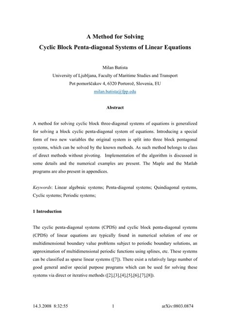 PDF A Method For Solving Cyclic Block Penta Diagonal Systems Of