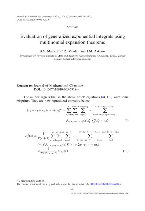 Pdf Evaluation Of Generalized Exponential Integrals Using Multinomial