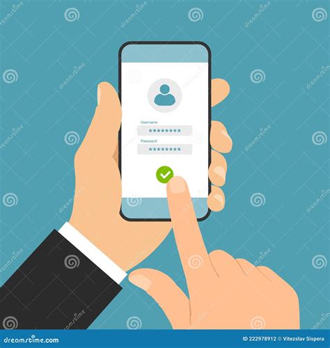 Flat Design Illustration Of Manager Hand Holding Smartphone And Clicking On Login Touch Screen
