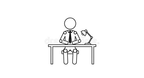 Office Worker Stick Figure Sitting At Desk Simple Line Drawing