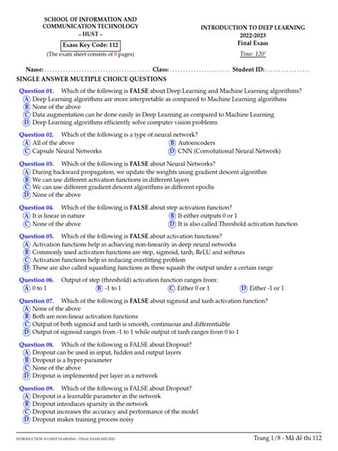 Intro To Deep Learning Final Exam It3320e Hust Pdf Deep Learning