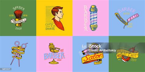 이발소 배지와 라벨 로고와 힙스터 엠블럼 남자 아이콘을 위한 도구 턱수염과 콧수염의 이발 면도용 브러시와 면도기 오래된 빈티지 스케치에 새겨진 손 복고풍에 대한 스톡 벡터