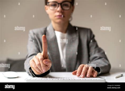 Businesswoman With Glasses Sitting Desk Working On Computer Touching