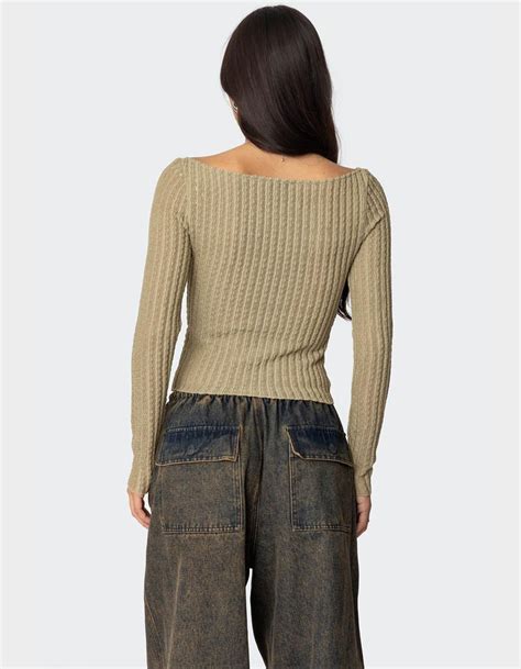 Edikted Textured Sheer Boat Neck Top Dk Green Tillys