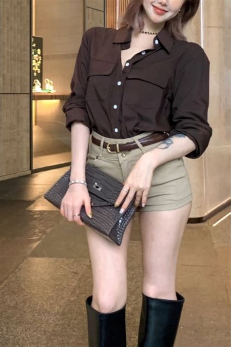 핑크프릴 Set 브라운 긴팔 루즈핏 셔츠 반바지 투피스 세트벨트 포함