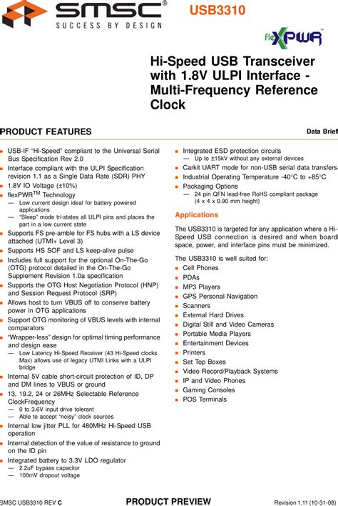 Smsc Usb3310 Users Manual Usb3310c Hi Speed Usb Transceiver With 1 8v Ulpi Interface Multi