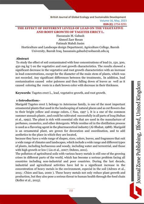 Pdf The Effect Of Different Levels Of Lead On The Vegetative And Root Growth Of Tagetes Erect L
