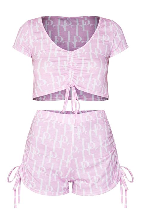 Plt Pink Initial Monogram Ruched Shorts Pj Set Prettylittlething