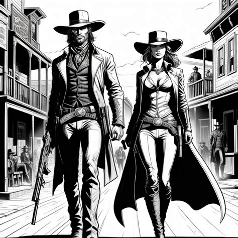 Female Gunslinger Showdown Black And White Line Art Stable Diffusion