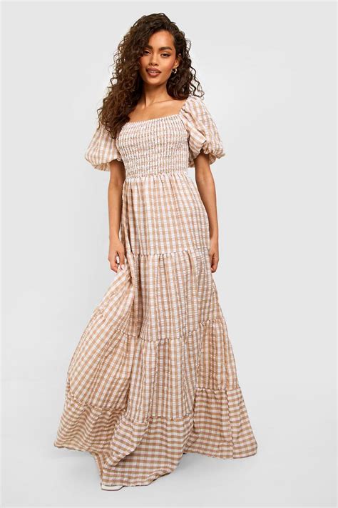 Gingham Puff Sleeve Shirred Maxi Dress Boohoo