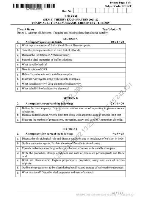 Bpharm 1 Sem Pharmaceutical Inorganic Chemistry Theory Bp104t 2022