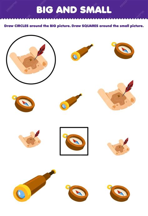아이들을 위한 교육 게임은 귀여운 만화 보물 지도 나침반과 인쇄 가능한 해적 워크시트의 원과 사각형을 그려서 크거나 작은 크기로 정렬합니다 프리미엄 벡터