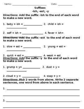 Suffixes Er Est Ly Ful Less Ish Y Homework Worksheet By Mrs Gennaro