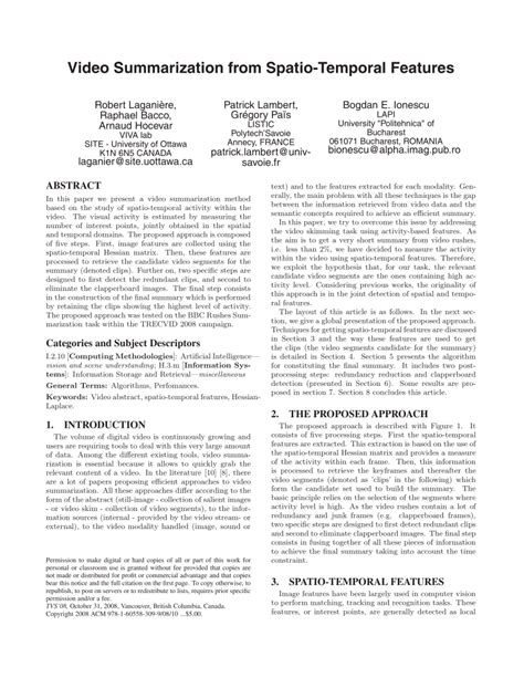 Pdf Video Summarization From Spatio Temporal Features