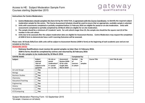 Subject Moderation Samples Planning Form August 2015 Pilot