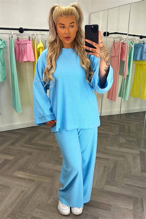 Womens Ribbed Loungewear Oversized Top Wide Leg Trousers Set Sky Blue