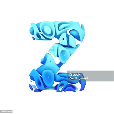 알파벳 대문자 Z 편지입니다 파란색 글꼴의 물에 잉크 시작 했다 3d 렌더링에 고립 된 흰색 배경 구아슈에 대한 스톡 사진 및