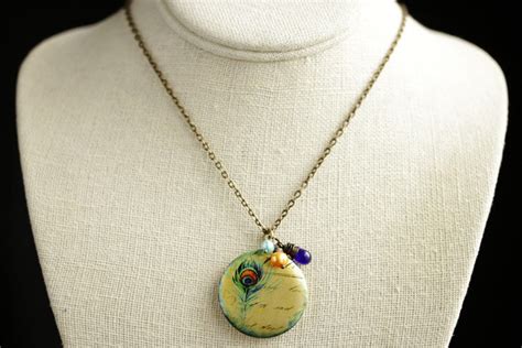 Peacock Feather Locket Necklace Peacock Necklace Feather Etsy