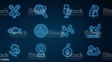 セットライン実験マウスタバコ毒アルコールバクテリア入りペトリ皿フグボトルポーション化学式虫眼鏡アイコンベクトル アイコンのベクターアート
